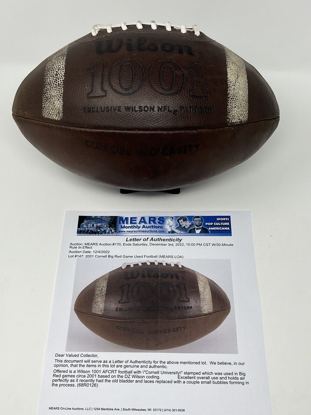 2001 Cornell Big Red Game Issued Nike Vapor Elite NCAA Football w/ MEA ...